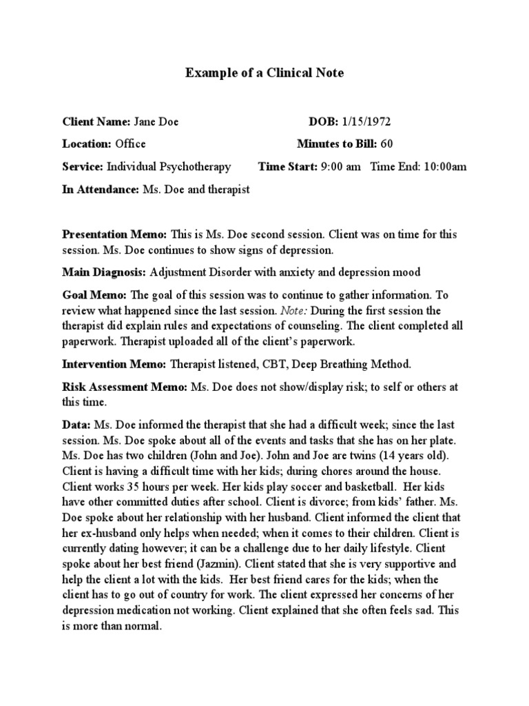 Example of Clinical Note | PDF | Psychotherapy | Cognitive Behavioral ...