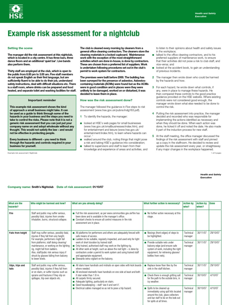 Example Risk Assessment For A Nightclub: Setting The Scene | PDF | Risk ...