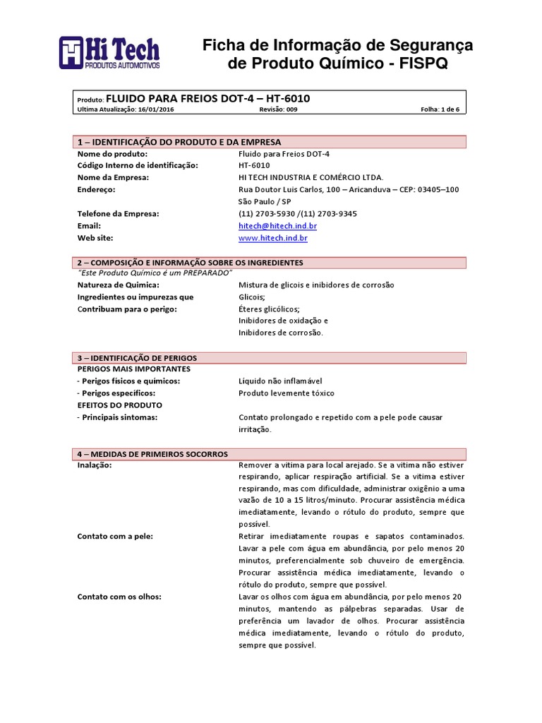 13-FISPQ Hi Tech DOT 4 | PDF | Embalagem e rotulagem | Desperdício