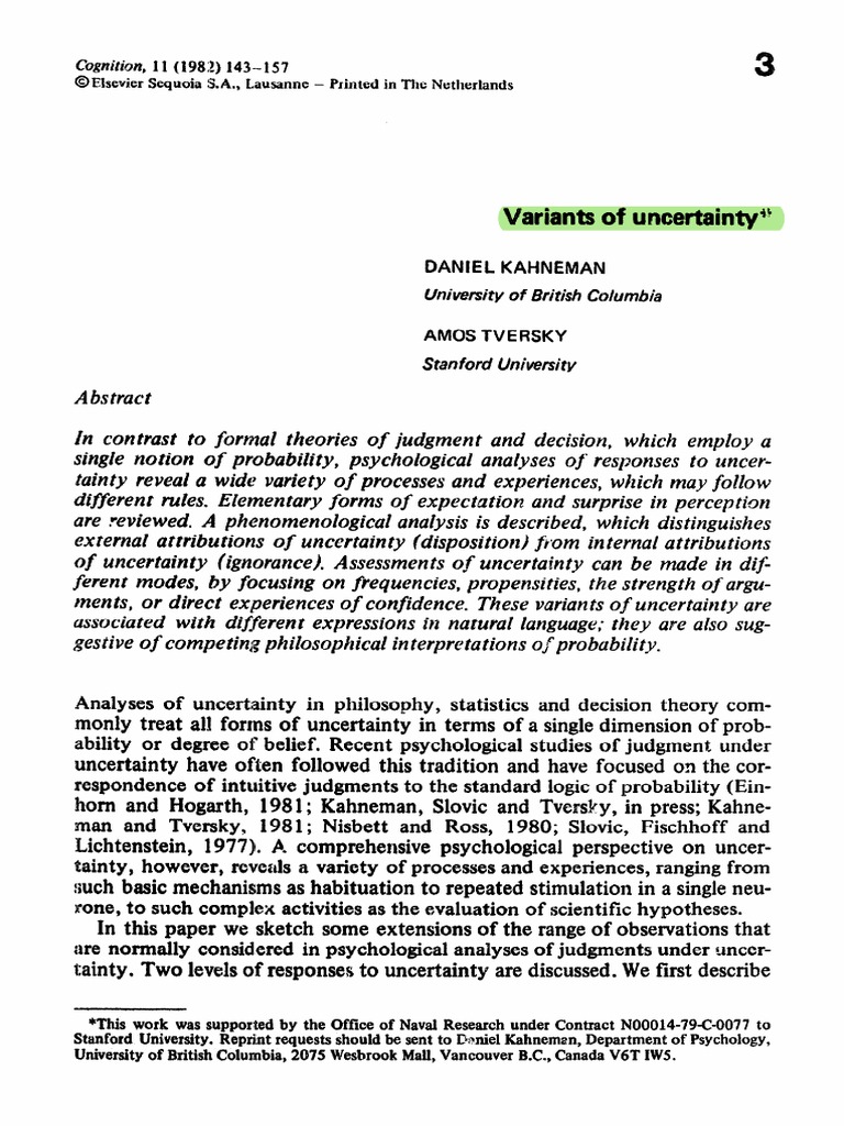 (1982) Kahneman & Tversky - Variants of Uncertainty | PDF | Perception ...