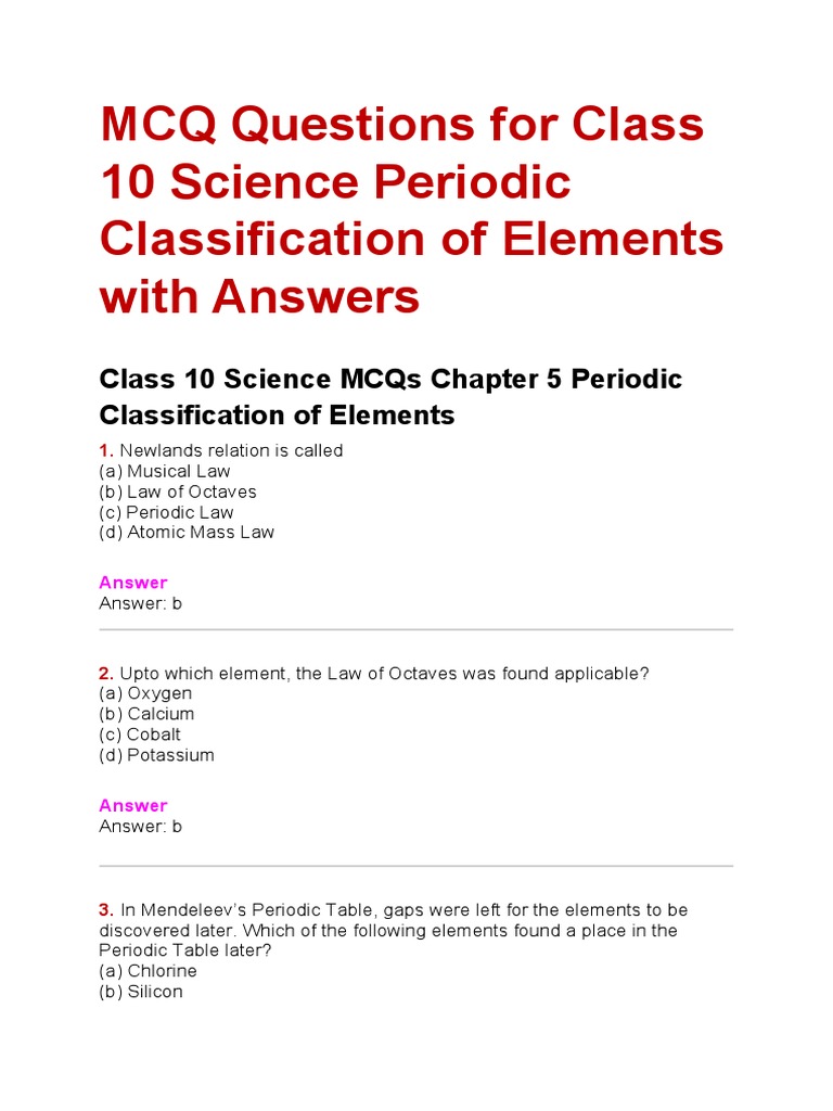 MCQ Questions For Class 10 Science Periodic Classification of Elements ...