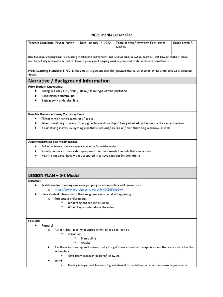 5th Grade Inertia Lesson Plan | PDF | Gravity | Inertia