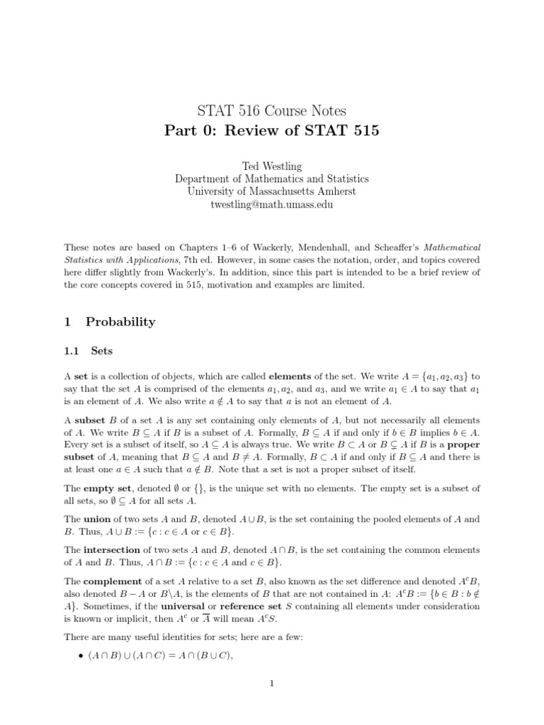 STAT 516 Course Notes Part 0: Review of STAT 515: 1 Probability | PDF ...