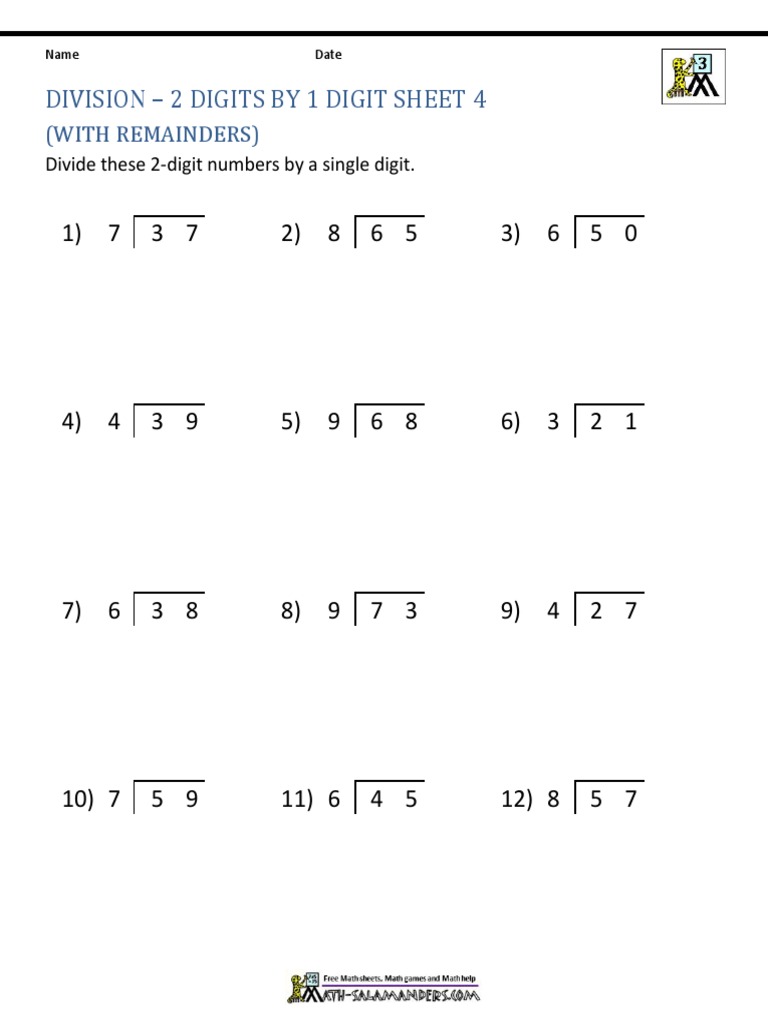 Division - 2 Digits by 1 Digit Sheet 4: (With Remainders) | PDF