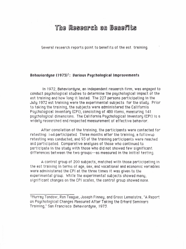 Psychological Benefits of EST Training | PDF | Psychotherapy | Mental ...