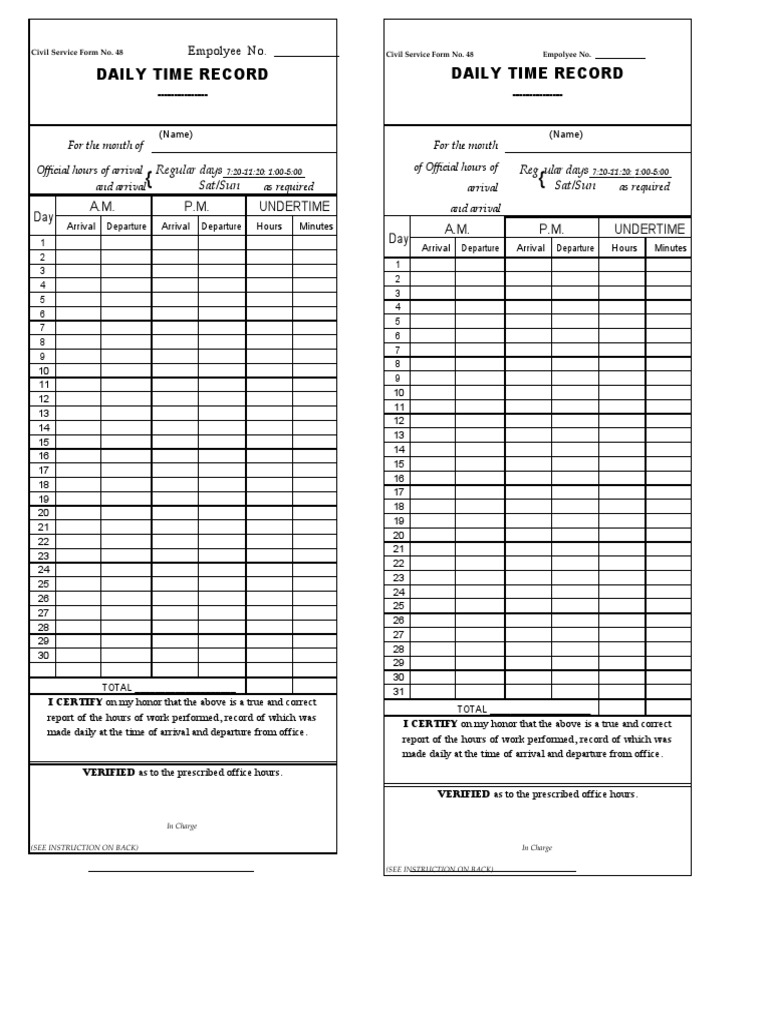 Civil Service Form No. 48: Daily Time Record | PDF | Social ...