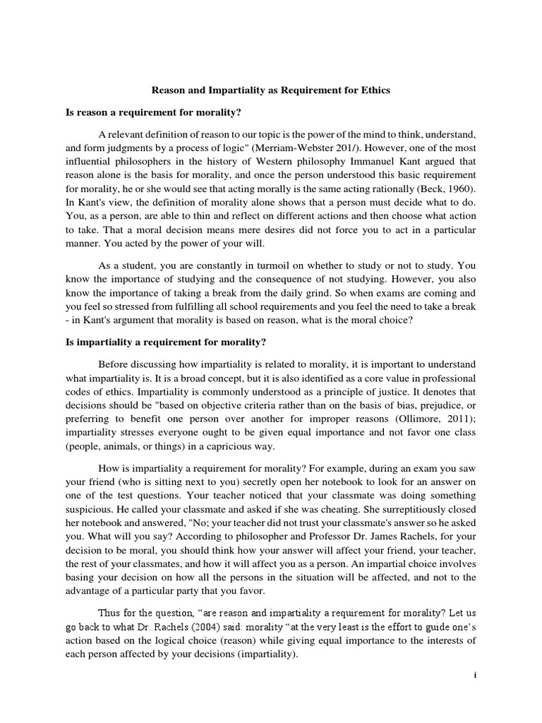 Reason and Impartiality As Requirement For Ethics Is Reason A ...