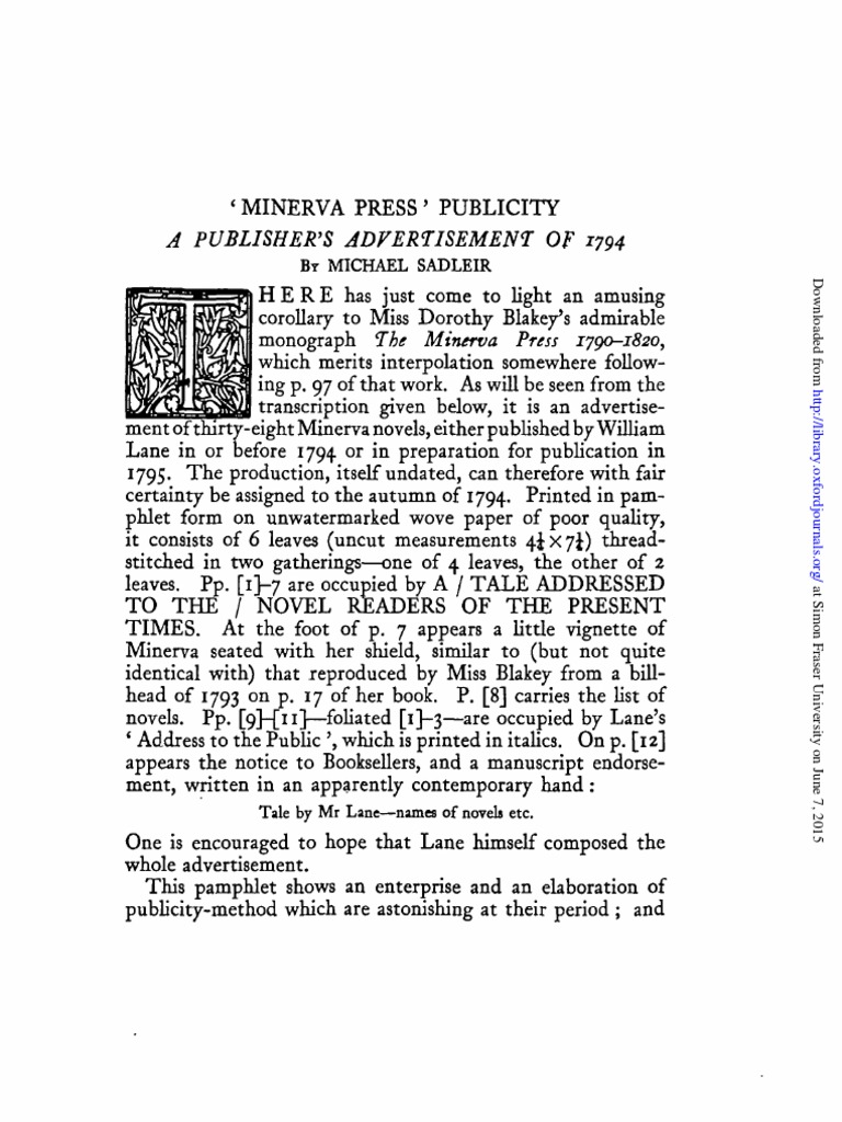 Minerva Press Publicity - 1794 | PDF | History | General Fiction