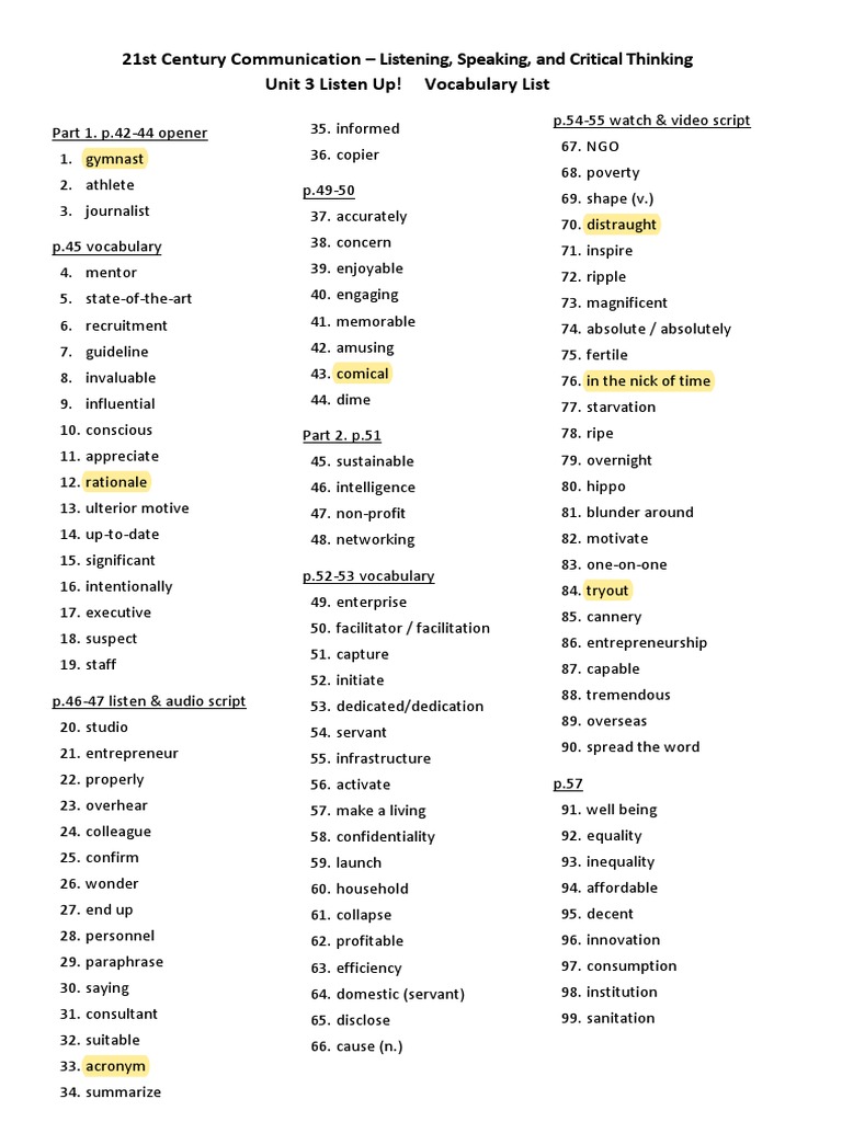 21st Century Communication - Vocabulary List - Unit 3 | PDF | Economies