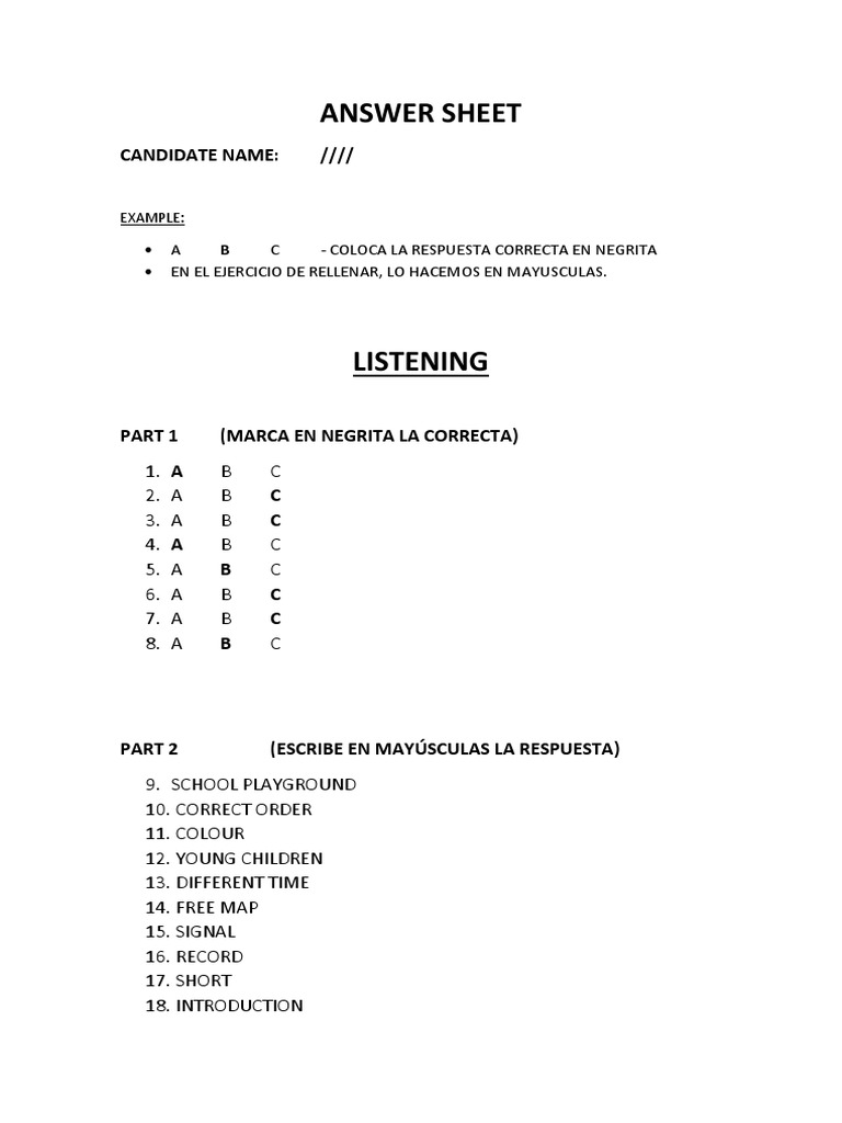 Answer Sheet - Listening - Fce | PDF
