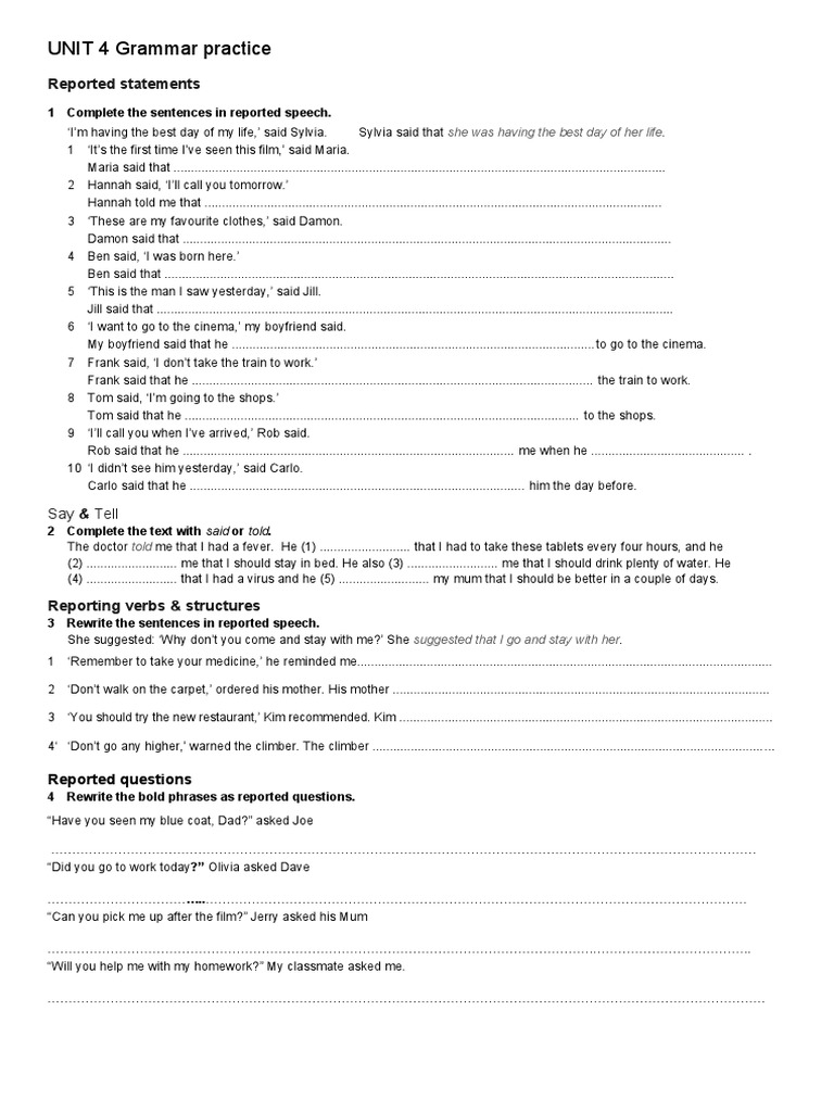 UNIT 4 Grammar Practice: Reported Statements | PDF | Language Mechanics | Syntax