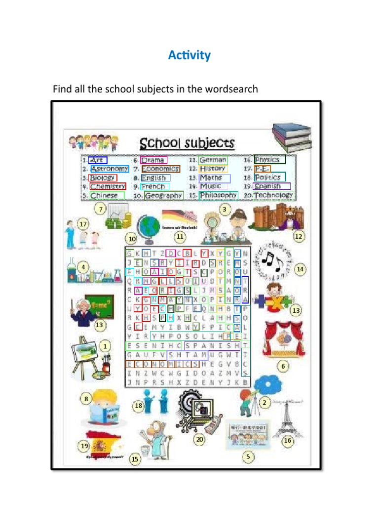 Activity: Find All The School Subjects in The Wordsearch | PDF