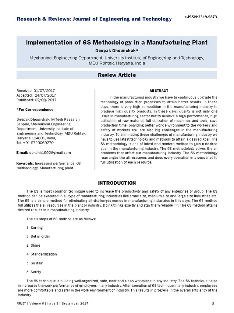 Implementation of 6s Methodology in A Manufacturing Plant | PDF ...