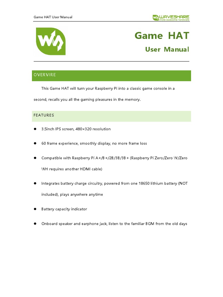 Game HAT: User Manual | PDF | Raspberry Pi | Booting