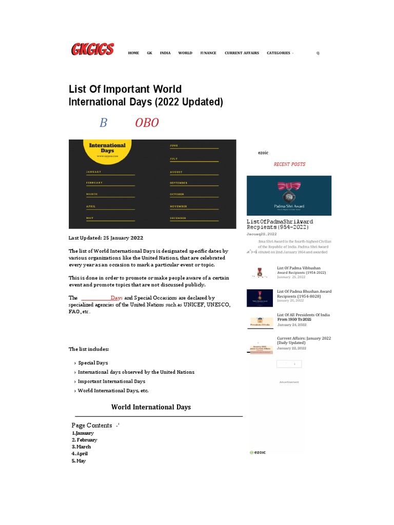 Important World International Days Editable | PDF | Travel