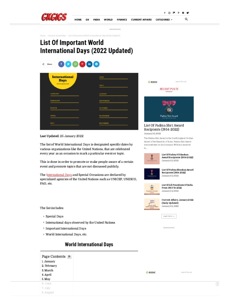 List of Important World International Days (2022 Updated) | PDF