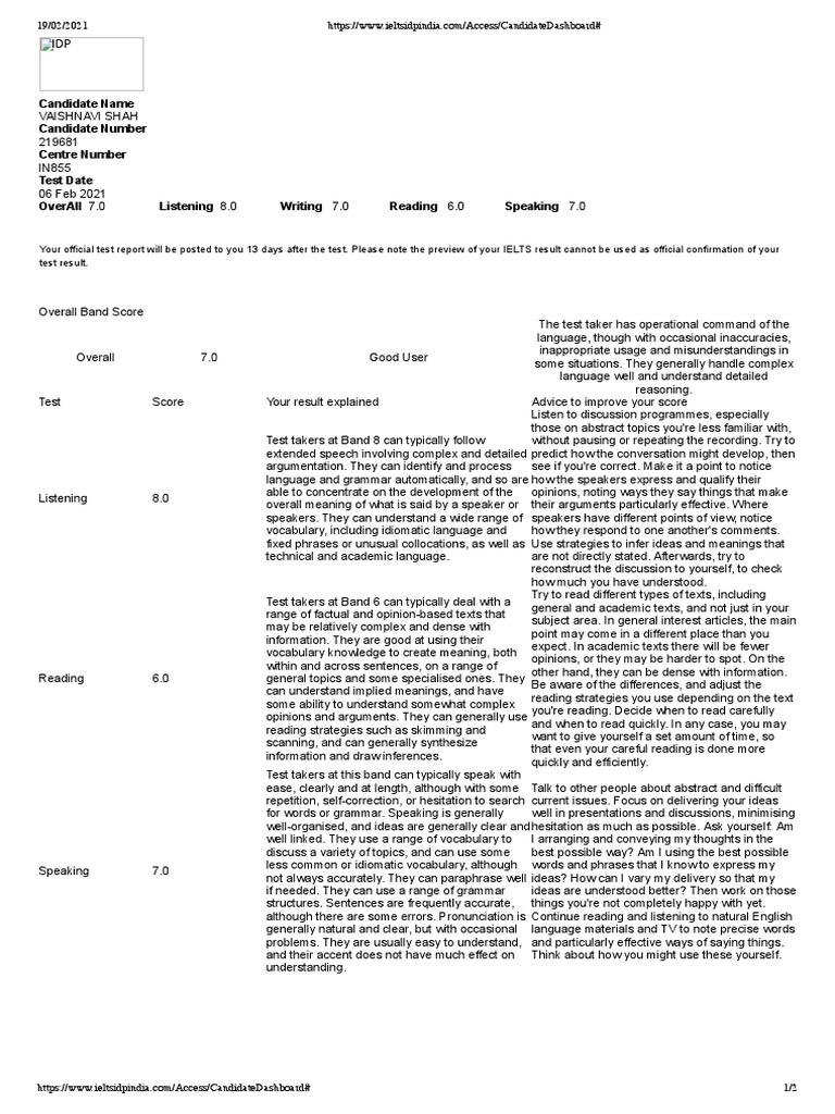Candidate Name Candidate Number Centre Number Test Date Overall 7.0 ...