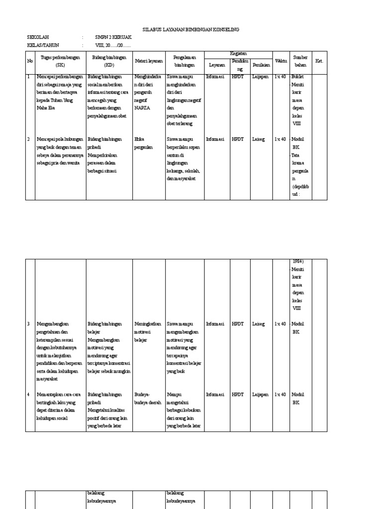 Silabus Layanan Bimbingan Konseling Kelas Viii S | PDF