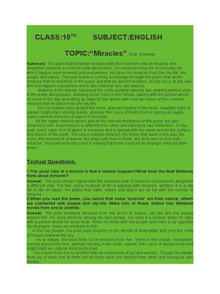 CLASS:10 Subject:English TOPIC:"Miracles": Textual Questions | PDF ...