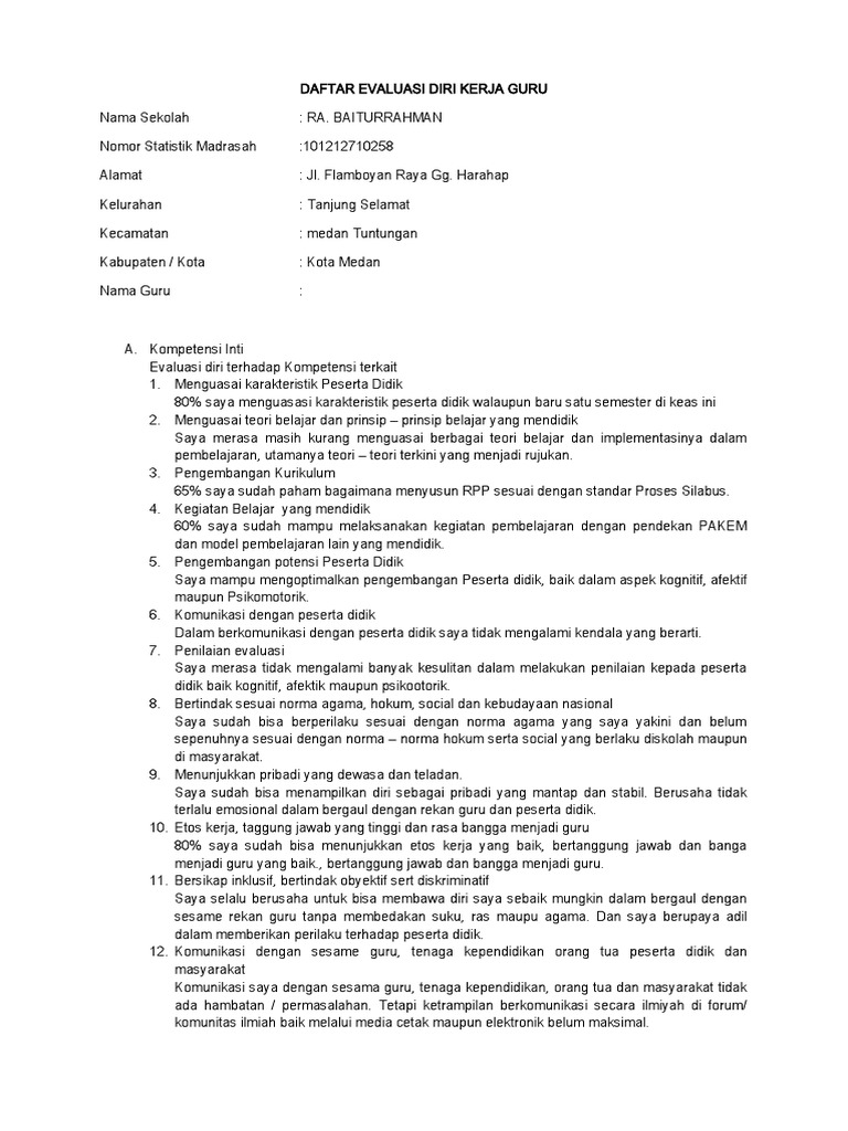 Daftar Evaluasi Diri Kerja Guru | PDF