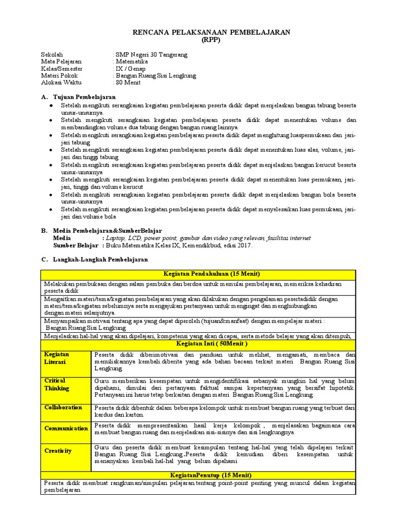 RPP Bangun Ruang Sisi Lengkung (Adiwiyata) | PDF