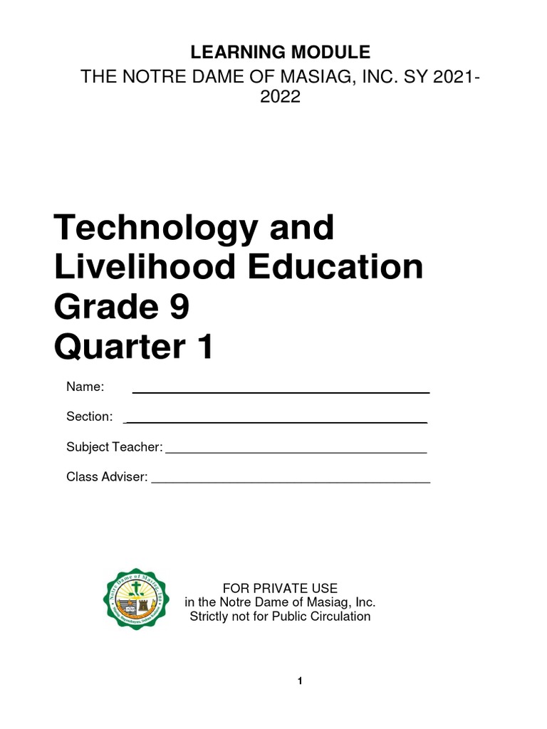 Technology and Livelihood Education Grade 9 Quarter 1: The Notre Dame ...