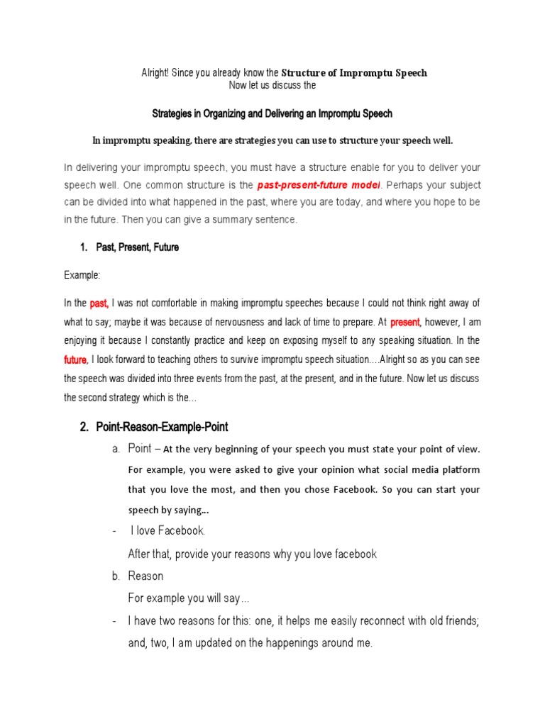 Strategies in Organizing and Delivering An Impromptu Speech | PDF | Science | Communication
