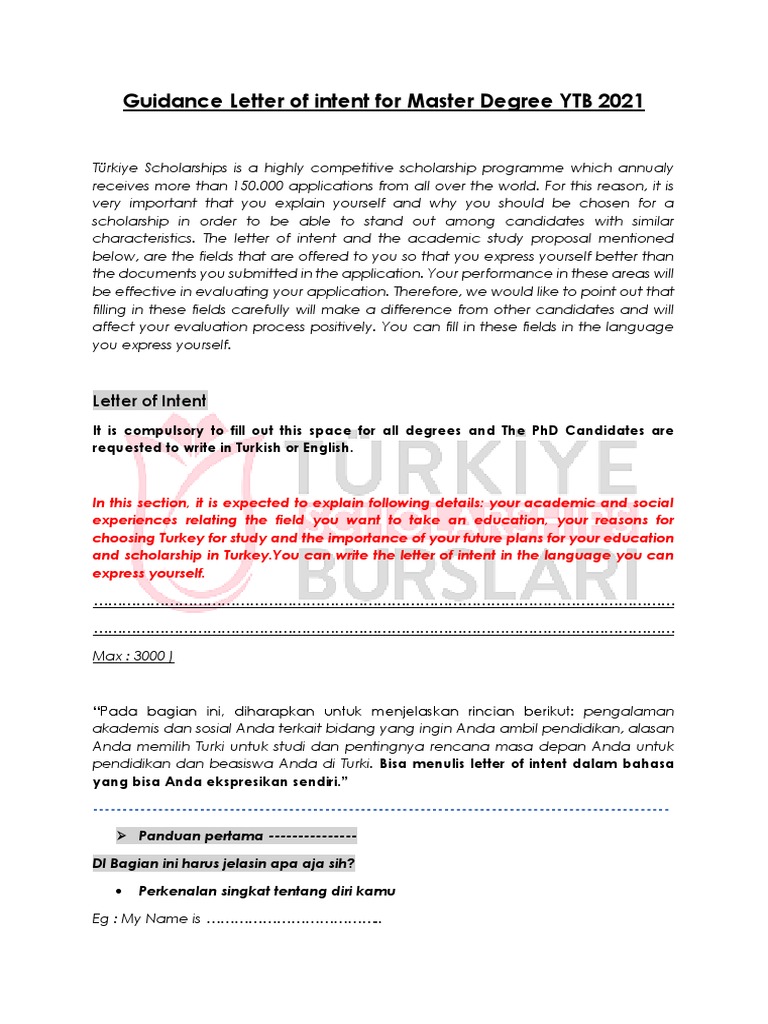 Guidance Letter of Intent For Master Degree YTB 2021 Terupdate Prepared ...