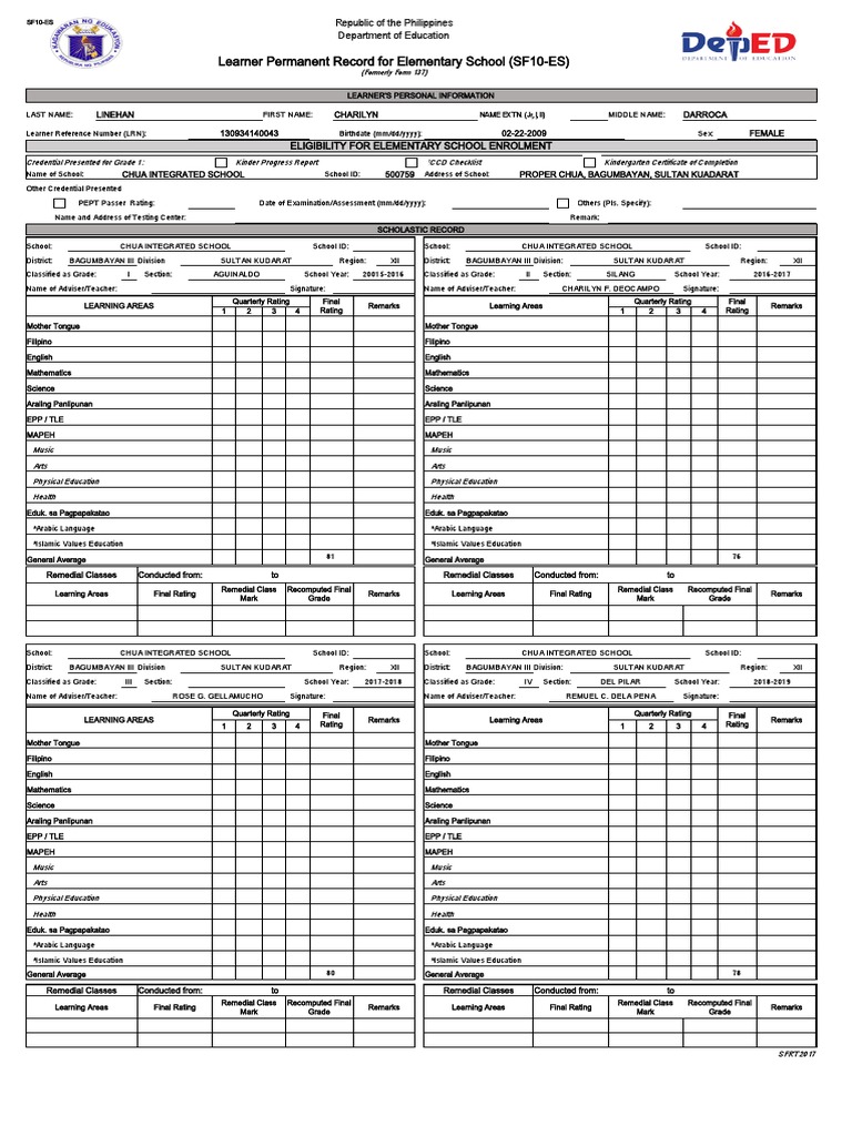 School Form 10 ES Learners Permanent Record | PDF | Cognition