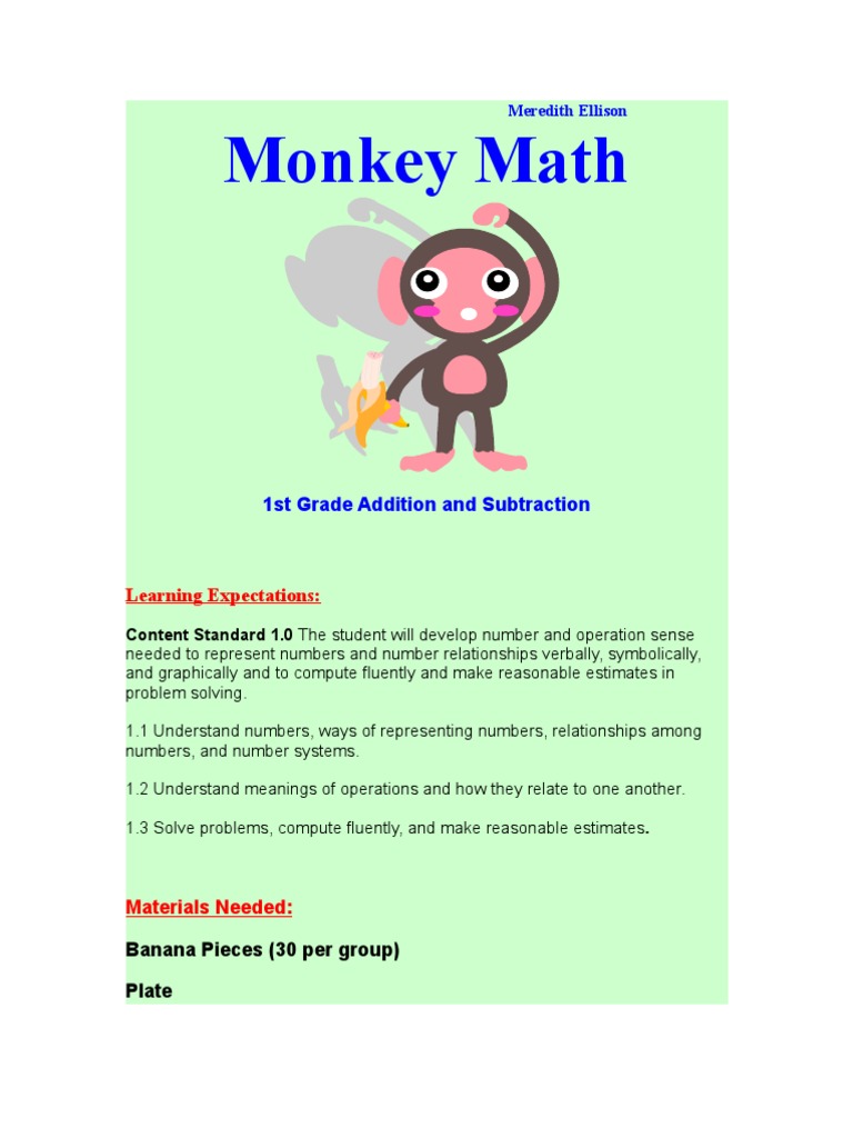 Monkey Math: 1st Grade Addition and Subtraction | PDF | Subtraction ...