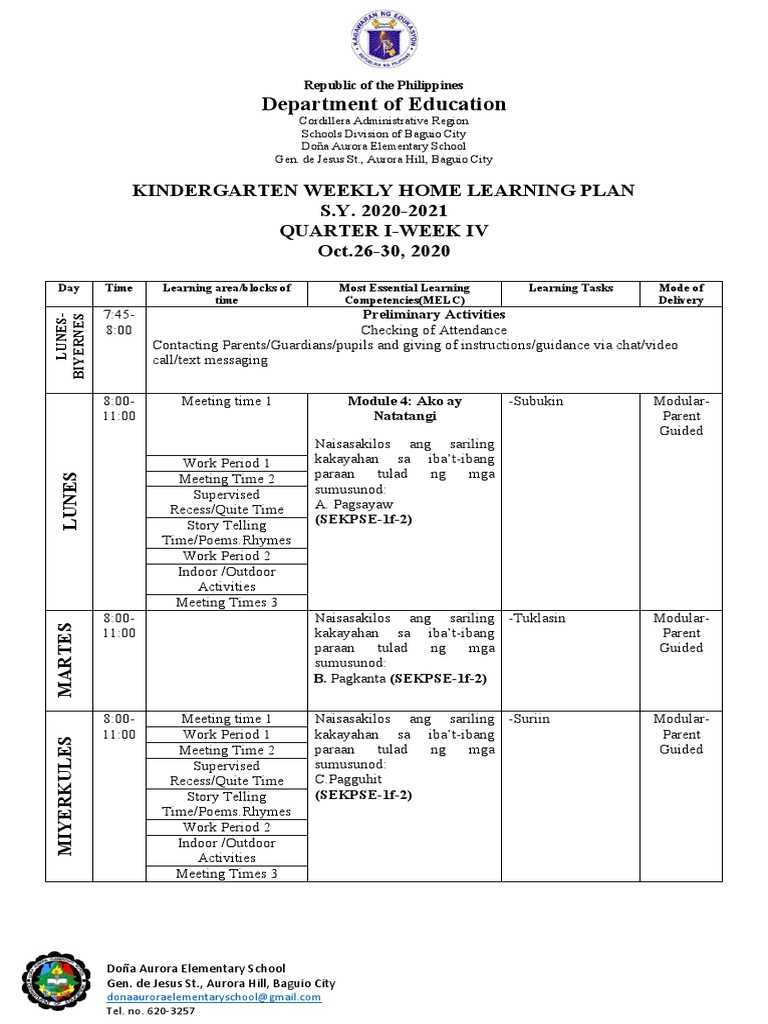 Department of Education: Kindergarten Weekly Home Learning Plan S.Y ...