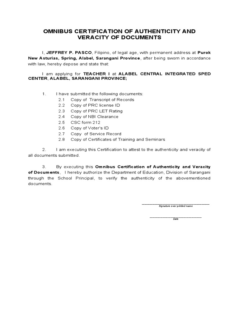 Omnibus Certification of Authenticity An | PDF