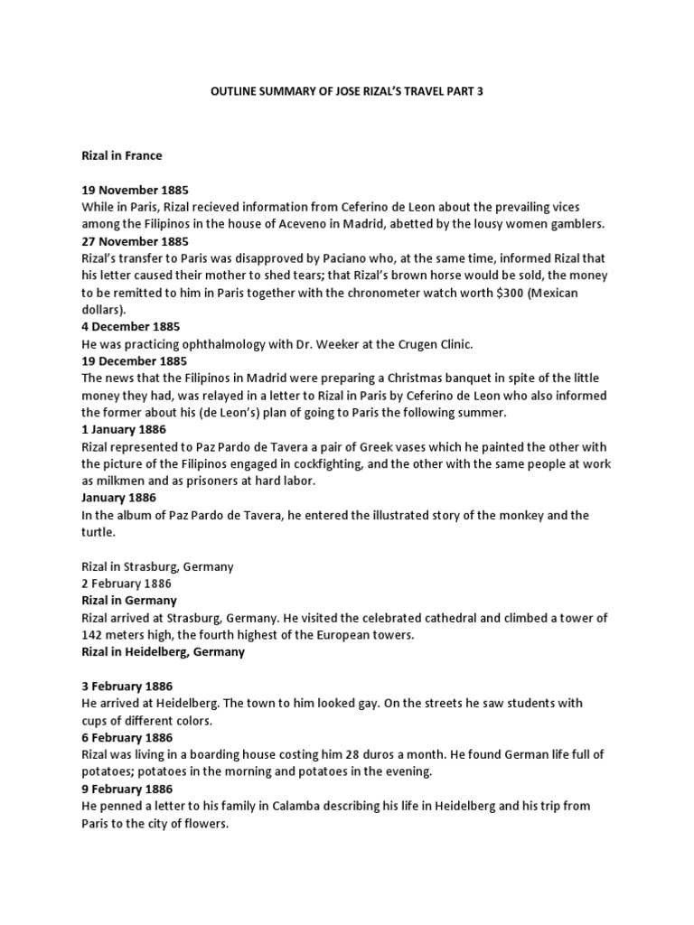Rizal in France 19 November 1885: Outline Summary of Jose Rizal'S ...