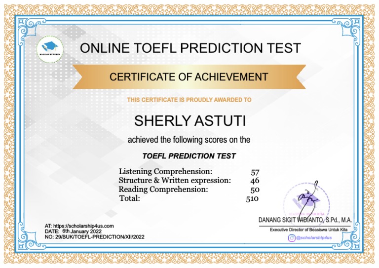 E-Certificate TOEFL Prediction Score - Sherly Astuti | PDF