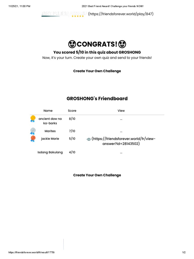 2021 Best Friend Award! Challenge Your Friends NOW! | PDF