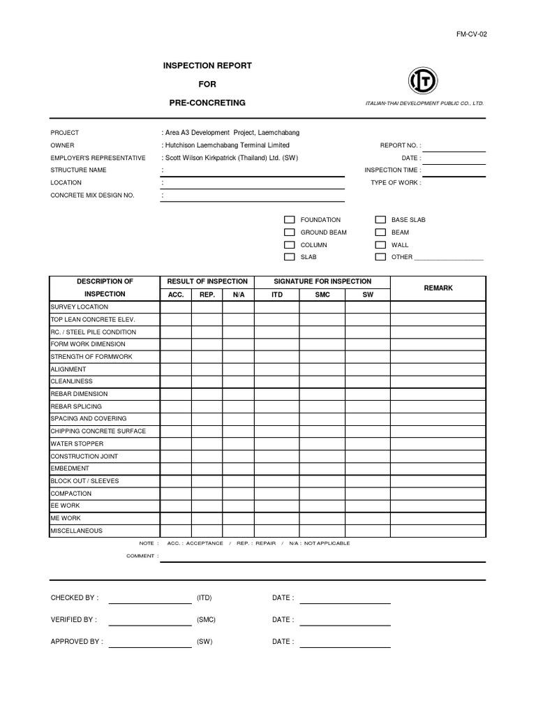 Concreting Inspection Form - New | PDF | Concrete | Building Materials