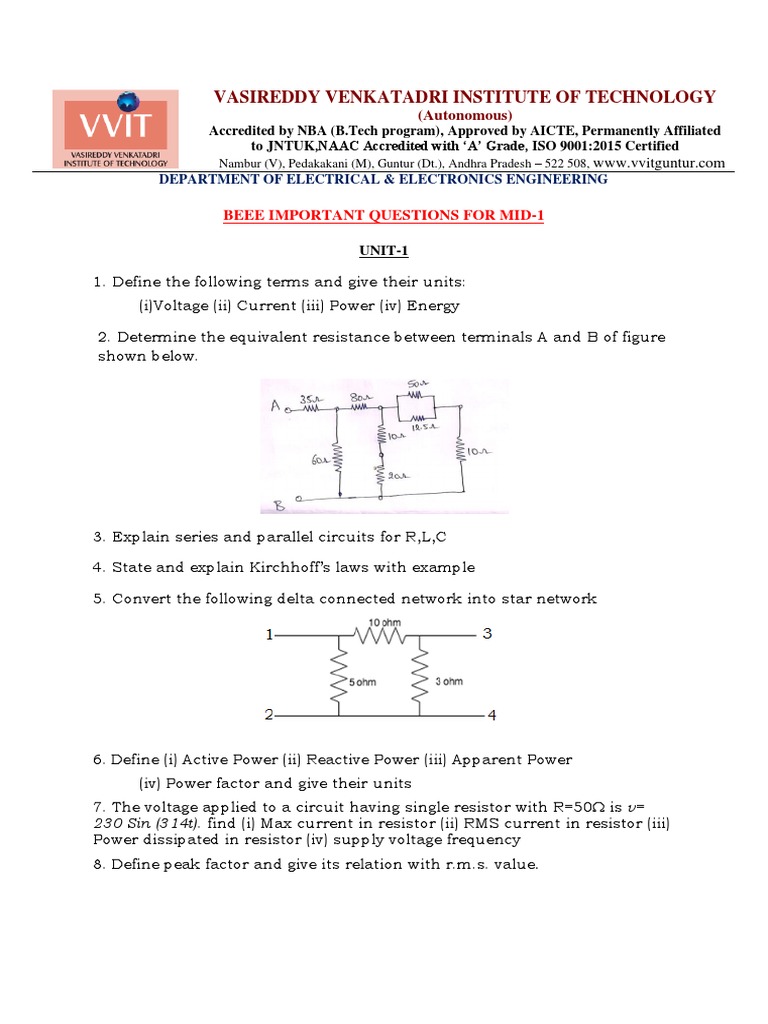 BEEE MID-1 Important Questions | PDF | Transformer | Electric Motor
