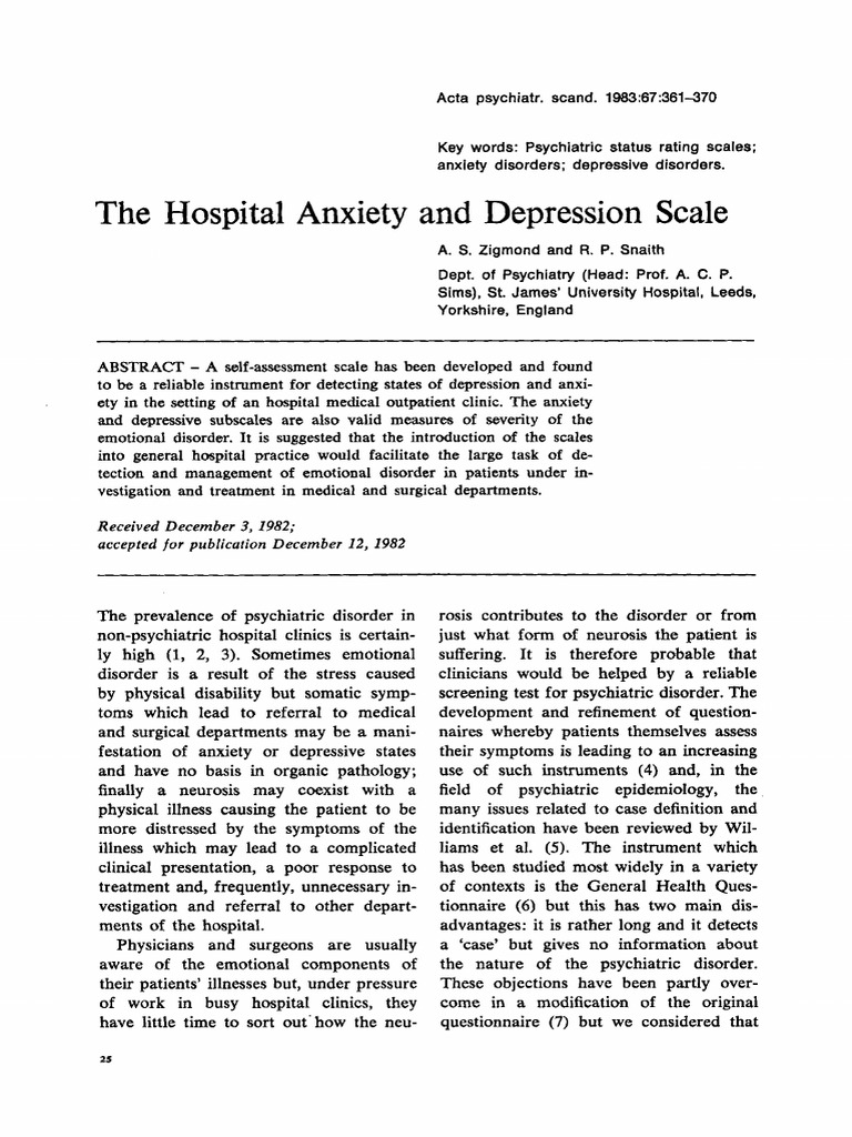 Zigmond 1983 | PDF | Mental Disorder | Major Depressive Disorder