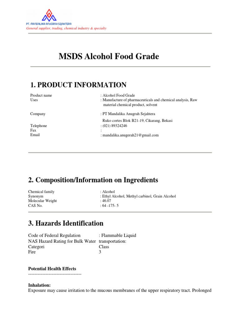 MSDS Alkohol Food Grade | Download Free PDF | Dangerous Goods | Ethanol