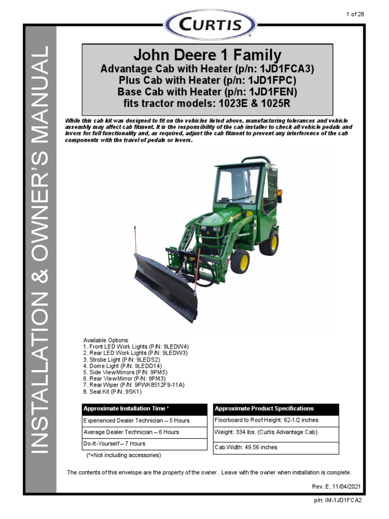 Installation Instructions for a John Deere Cab Kit on Models 1023E and ...