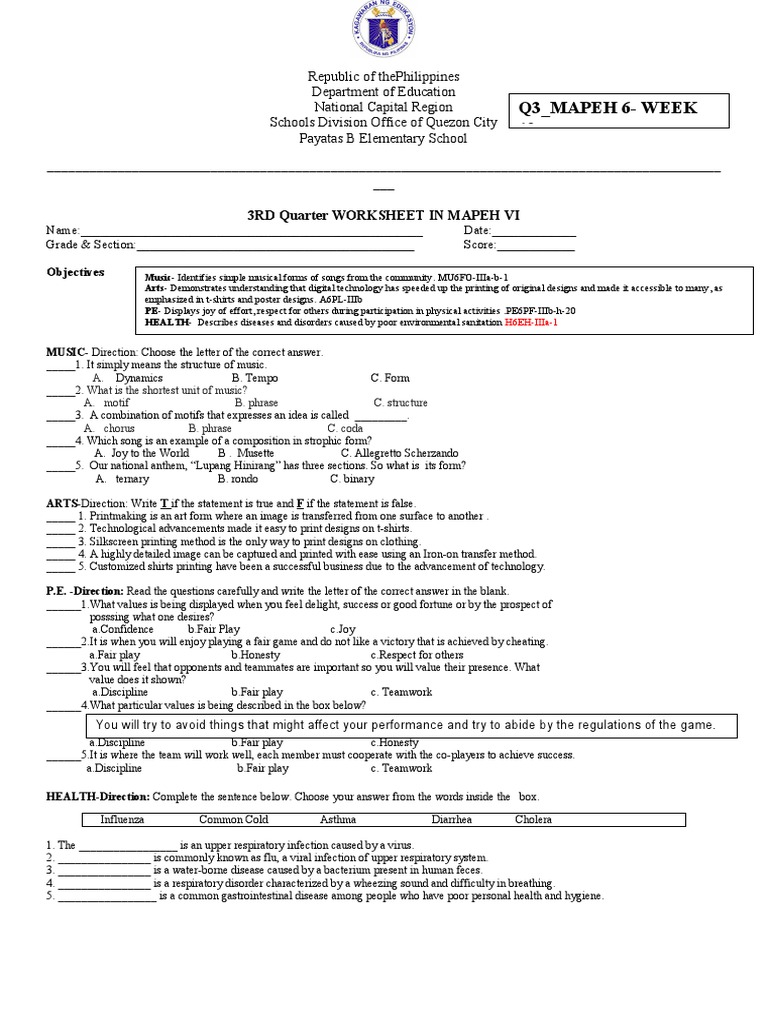 Q3 - Mapeh 6-Week 19: 3Rd Quarter Worksheet in Mapeh Vi | PDF | Musical ...