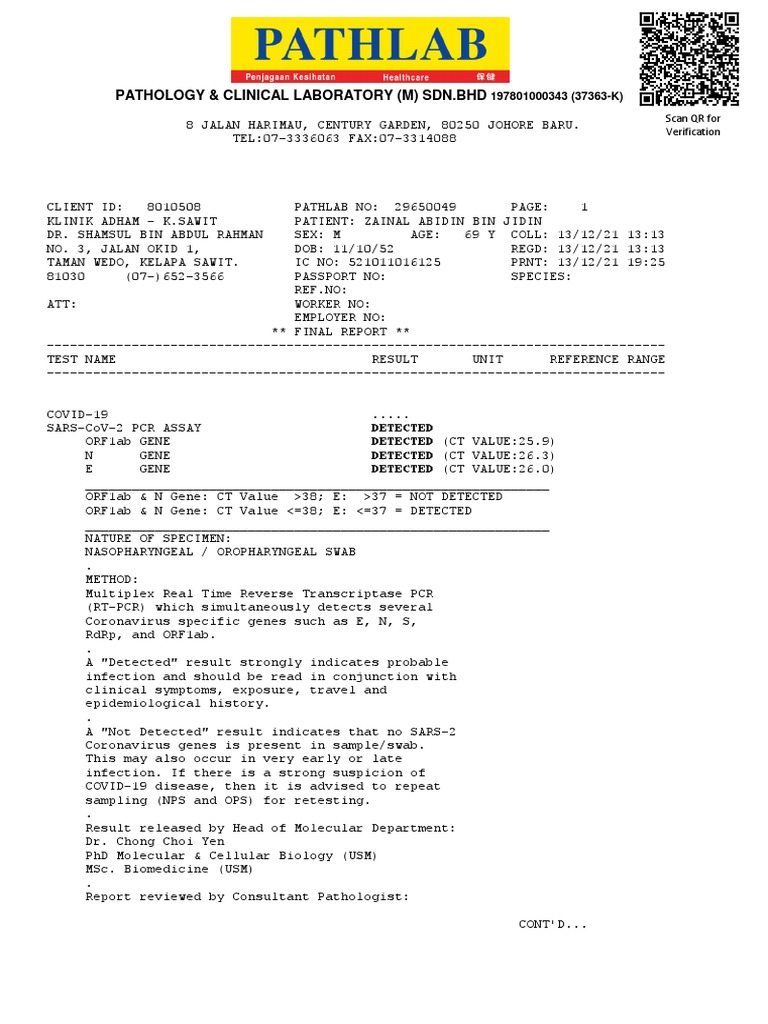 Pathology & Clinical Laboratory (M) SDN - BHD: Scan QR For Verification ...