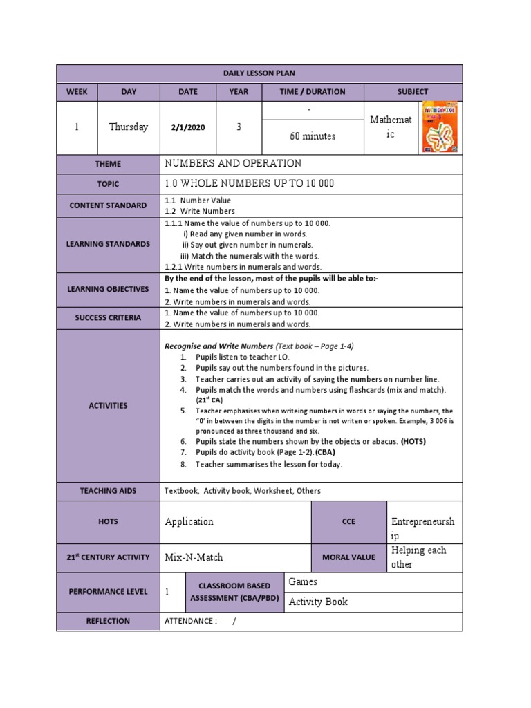 1 Thursday 3 Mathemat Ic 60 Minutes Numbers and Operation 1.0 Whole ...