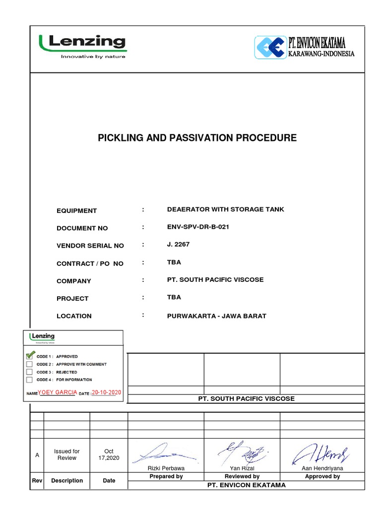 ENV-SPV-DR-B-021 Pickling & Passivation Procedure Rev - A | PDF | Fires | Hydrogen