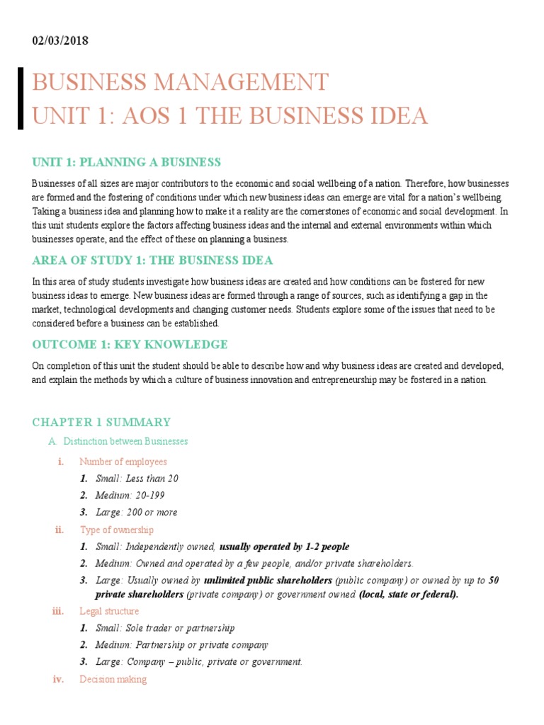 Business Management Unit 1: Aos 1 The Business Idea | PDF | Corporate ...