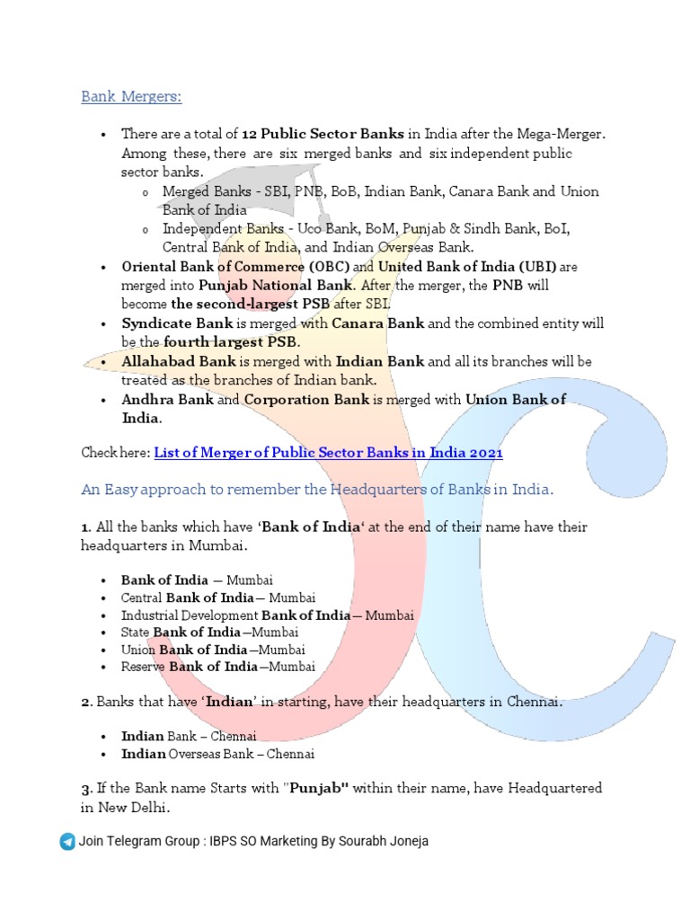 Bank Mergers:: List of Merger of Public Sector Banks in India 2021 ...