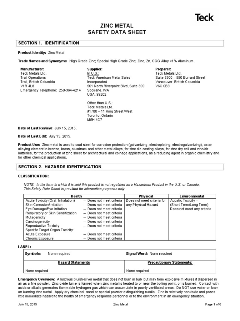 Zinc Metal - MSDS (Zinc Alloy) | PDF | Chlorine | Toxicity
