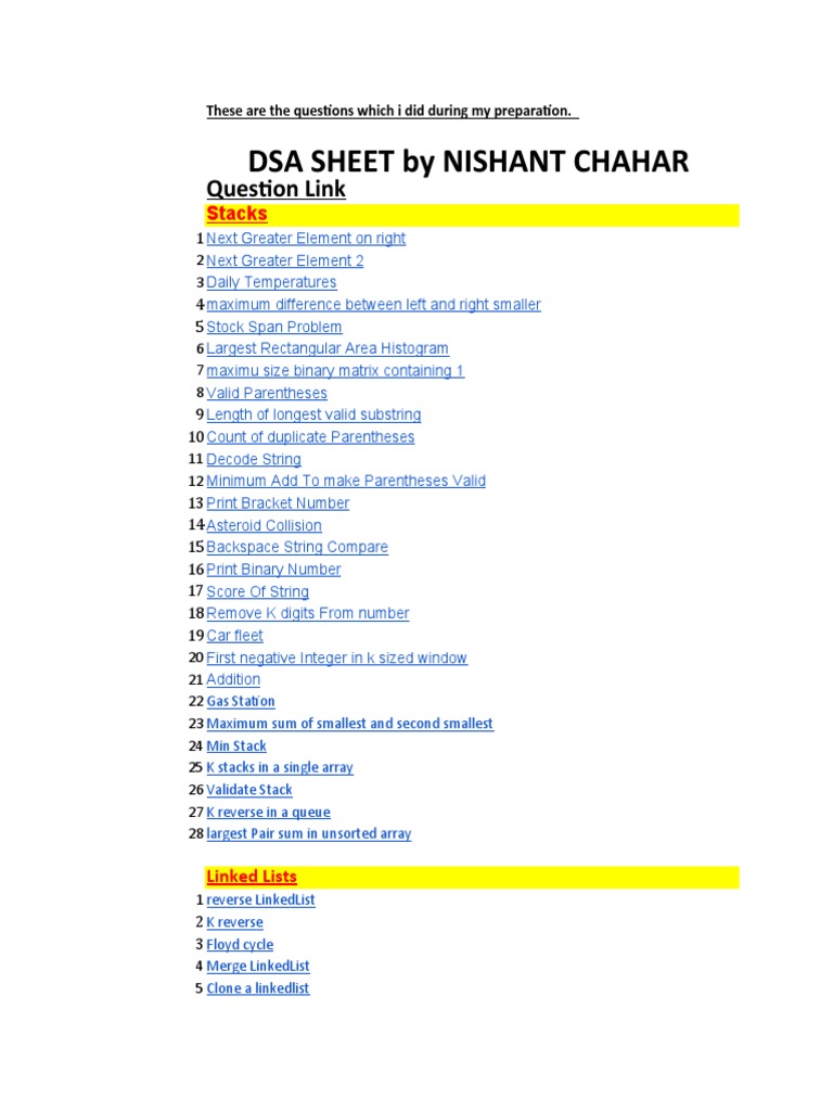 Dsa Sheet by Nishant Chahar: Question Link | PDF | Mathematics | Applied Mathematics