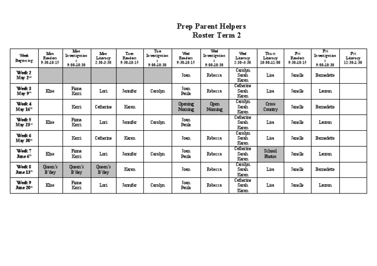 Parent Helpers Timetable Term 2 2011 | PDF