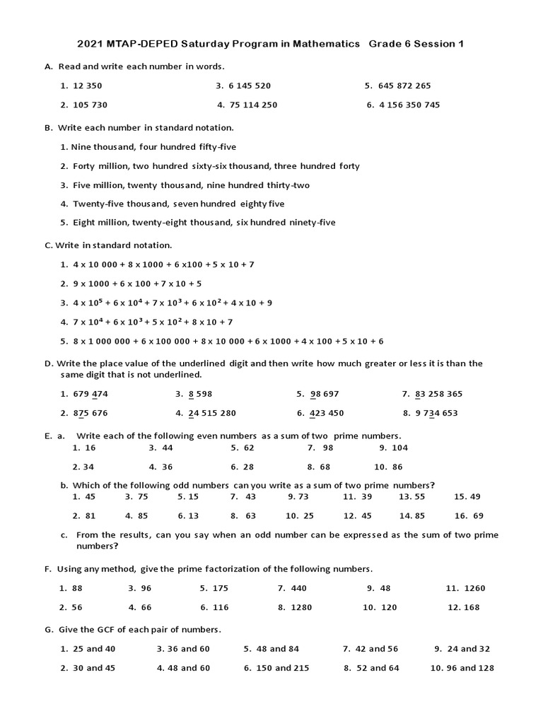 2021 MTAP-DEPED Saturday Program in Mathematics Grade 6 Session 1 | PDF ...